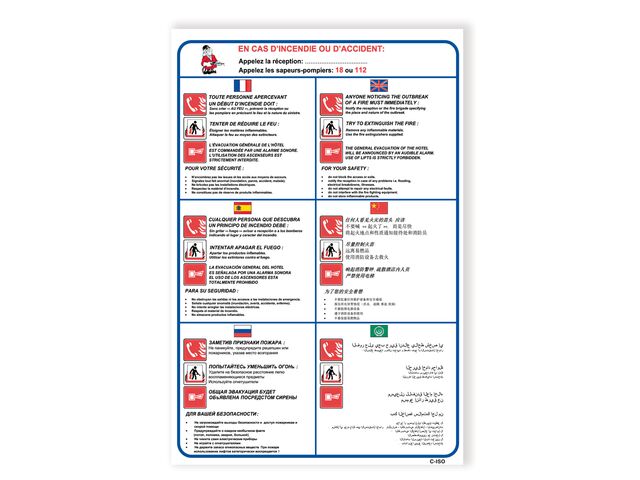 Consigne hôtel "en cas d’incendie ou d’accident"- 6 langues | Contact SBE DIRECT