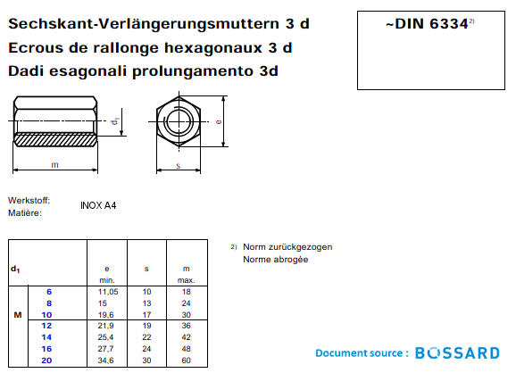 Nuts : Hex Nuts - Hex Coupling Nut, 3D" - Coupling Nut, 3D, A4 Stainless Steel DIN 6334 ...